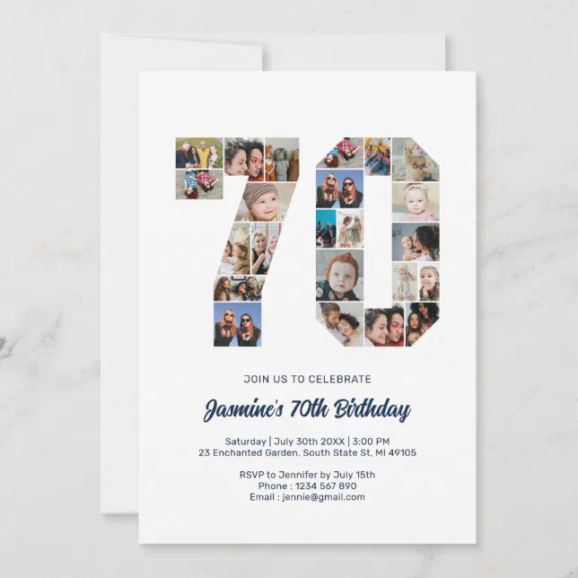 70th Birthday Number 70 Custom Photo Collage Invitation | Zazzle