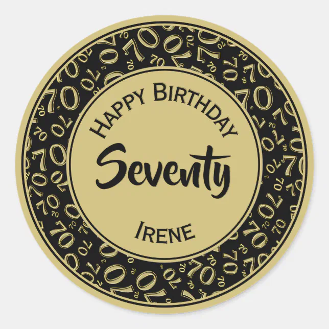 70th Birthday Number 70 Pattern Gold and Black Classic Round Sticker ...