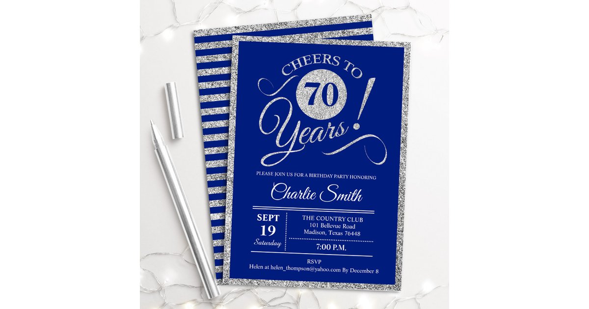 70th Birthday Party - ANY AGE Silver Royal Blue Invitation | Zazzle