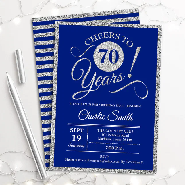 70th Birthday Party - ANY AGE Silver Royal Blue Invitation | Zazzle