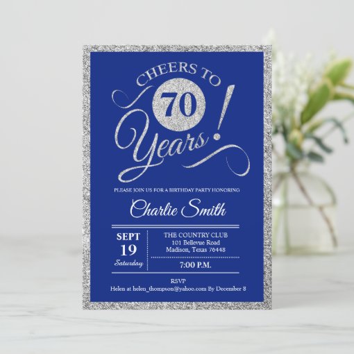 70th Birthday Party - ANY AGE Silver Royal Blue Invitation | Zazzle