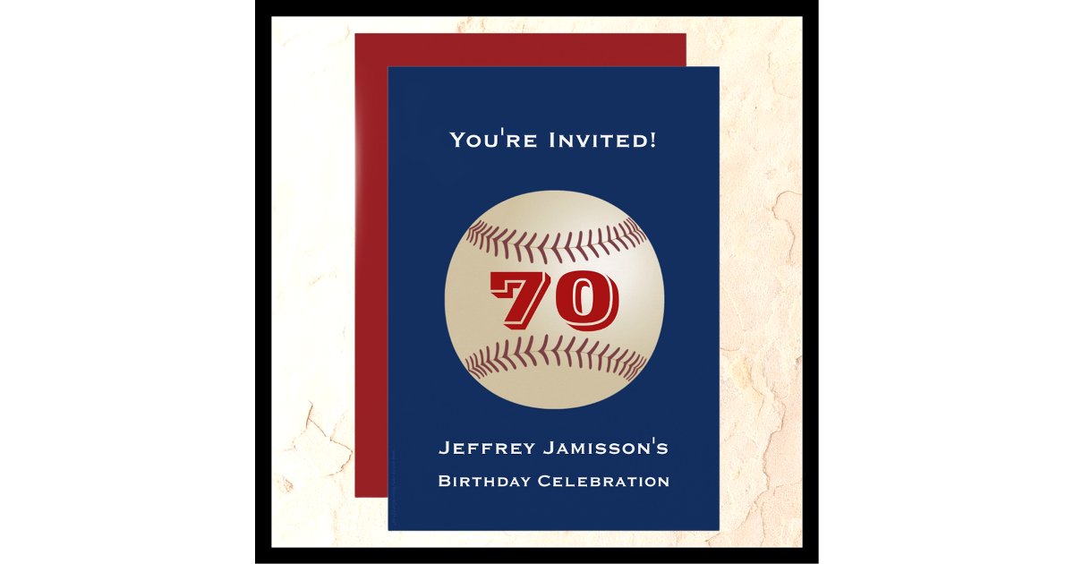 70th Birthday Party, Baseball, Red and Blue, Name Invitation | Zazzle