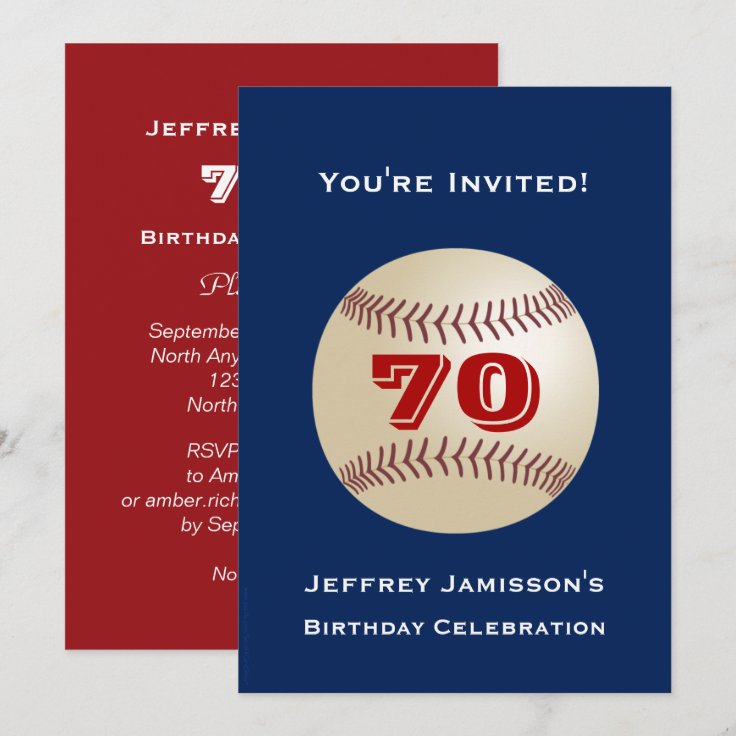 70th Birthday Party, Baseball, Red and Blue, Name Invitation | Zazzle