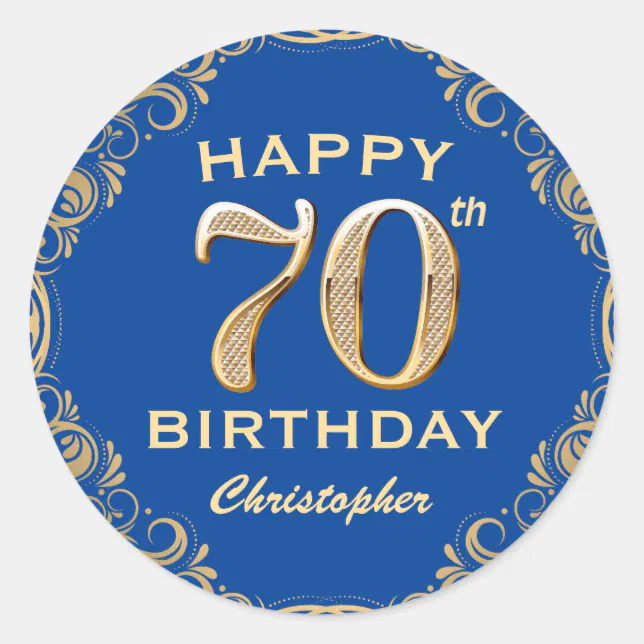70th Birthday Party Blue and Gold Glitter Frame Classic Round Sticker ...