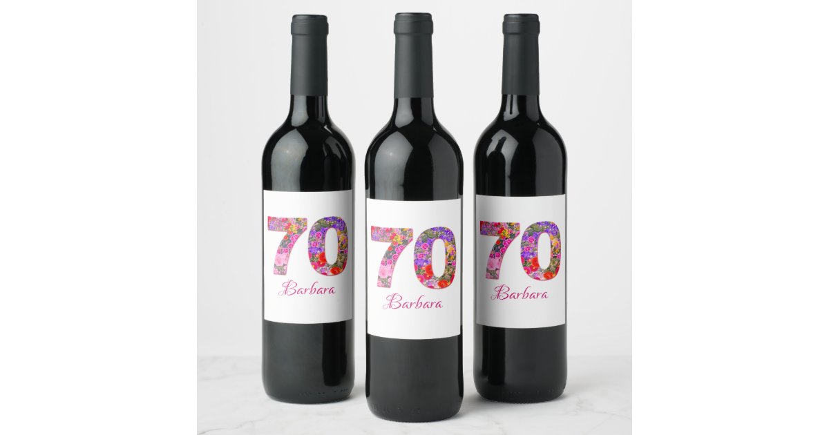 70th birthday party floral pink purple wine labels | Zazzle