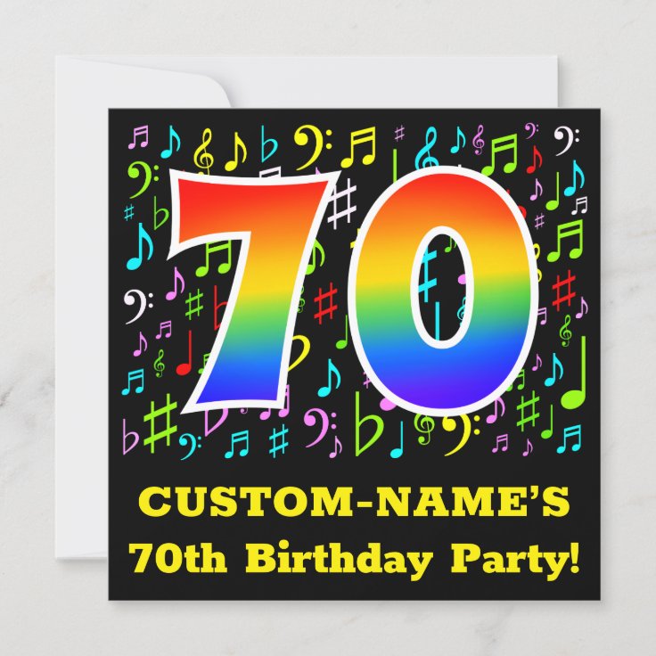 70th Birthday Party: Fun Music Symbols, Rainbow 70 Invitation | Zazzle