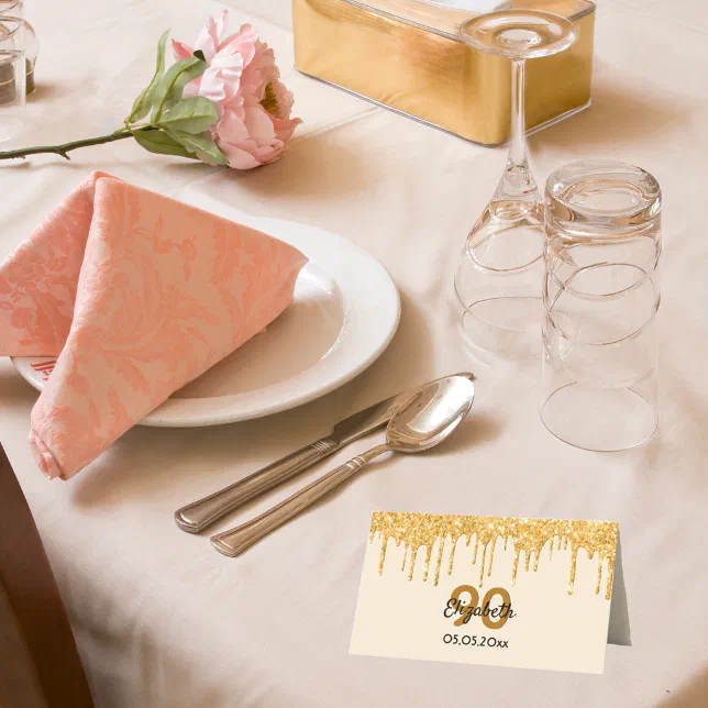 70th birthday party gold drips place card | Zazzle