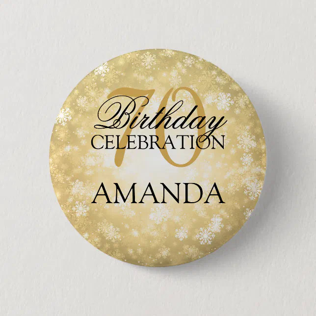 70th Birthday Party Gold Winter Wonderland Button | Zazzle