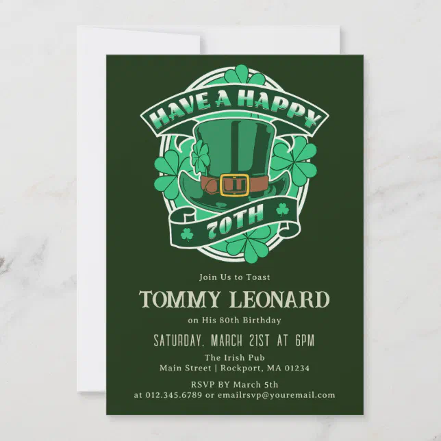70th Birthday Party Leprechaun Hat Shamrock Irish Invitation | Zazzle
