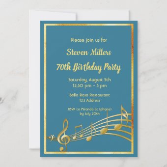 70th birthday party music notes teal blue green invitation | Zazzle