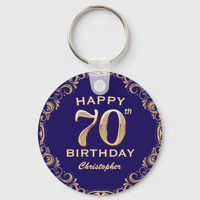 70th Birthday Party Navy Blue and Gold Glitter Keychain | Zazzle