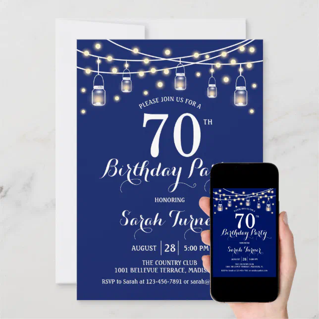 70th Birthday Party - Navy Blue Invitation | Zazzle