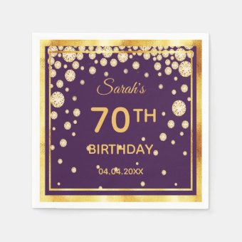 70th birthday party on purple with golden diamonds napkins | Zazzle