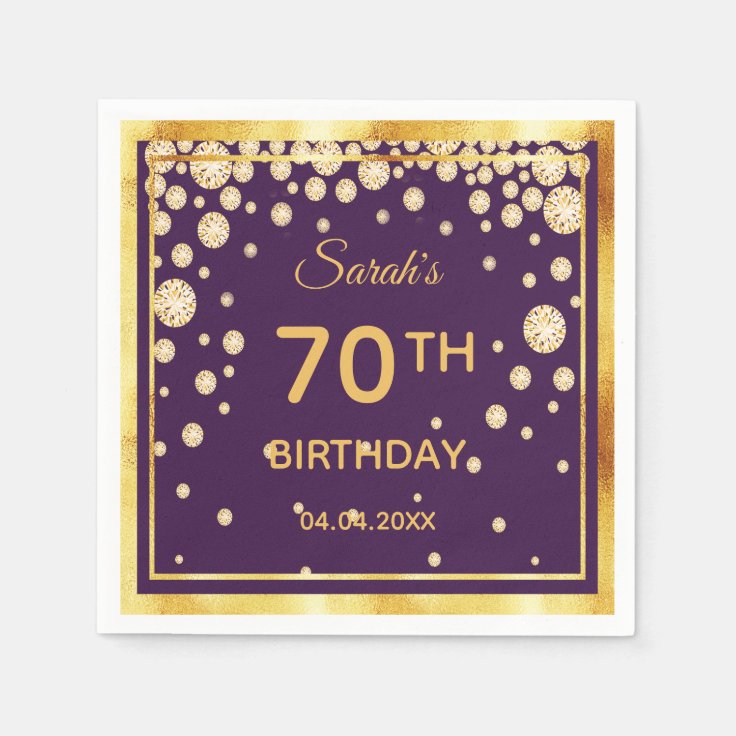 70th birthday party on purple with golden diamonds napkins | Zazzle