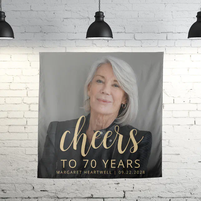 70th Birthday Party Photo Gold Script Cheers Tapestry | Zazzle
