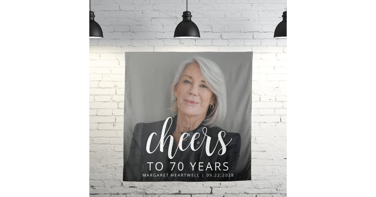 70th Birthday Party Photo White Script Cheers Tapestry | Zazzle