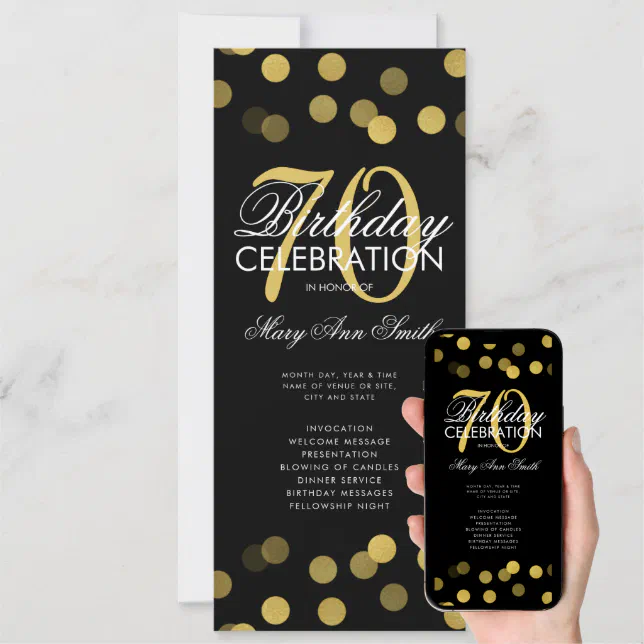 70th Birthday Party Program Gold Confetti w/ Menu | Zazzle