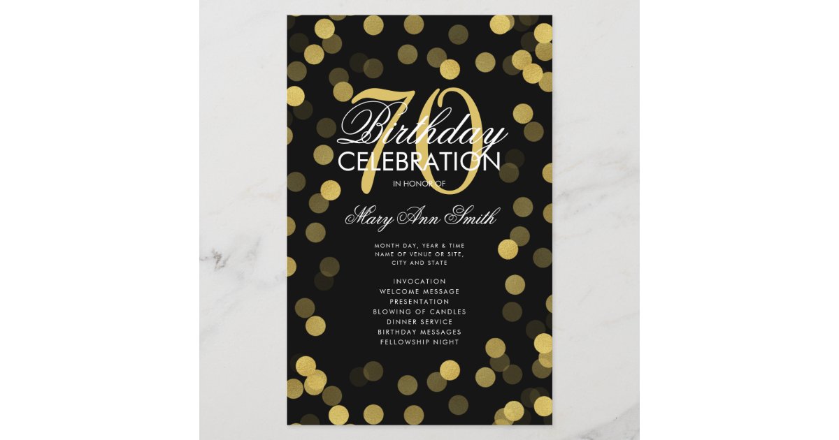 70th Birthday Party Program Gold Confetti w/ Menu | Zazzle