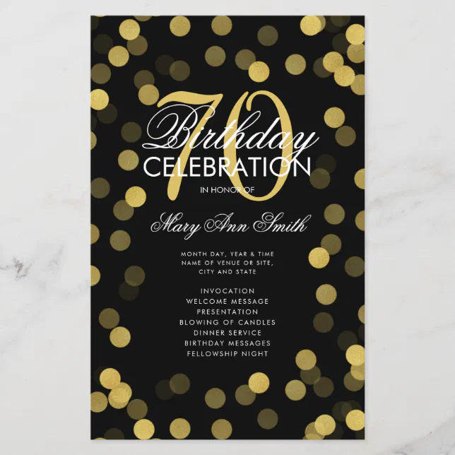 70th Birthday Party Program Gold Confetti w/ Menu | Zazzle