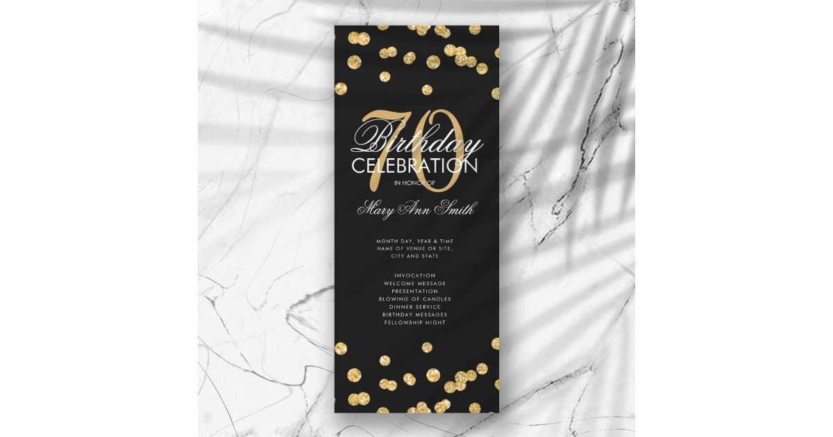 70th Birthday Party Program Gold Glitter w/ Menu | Zazzle