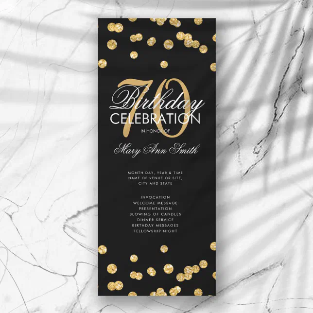 70th Birthday Party Program Gold Glitter w/ Menu | Zazzle
