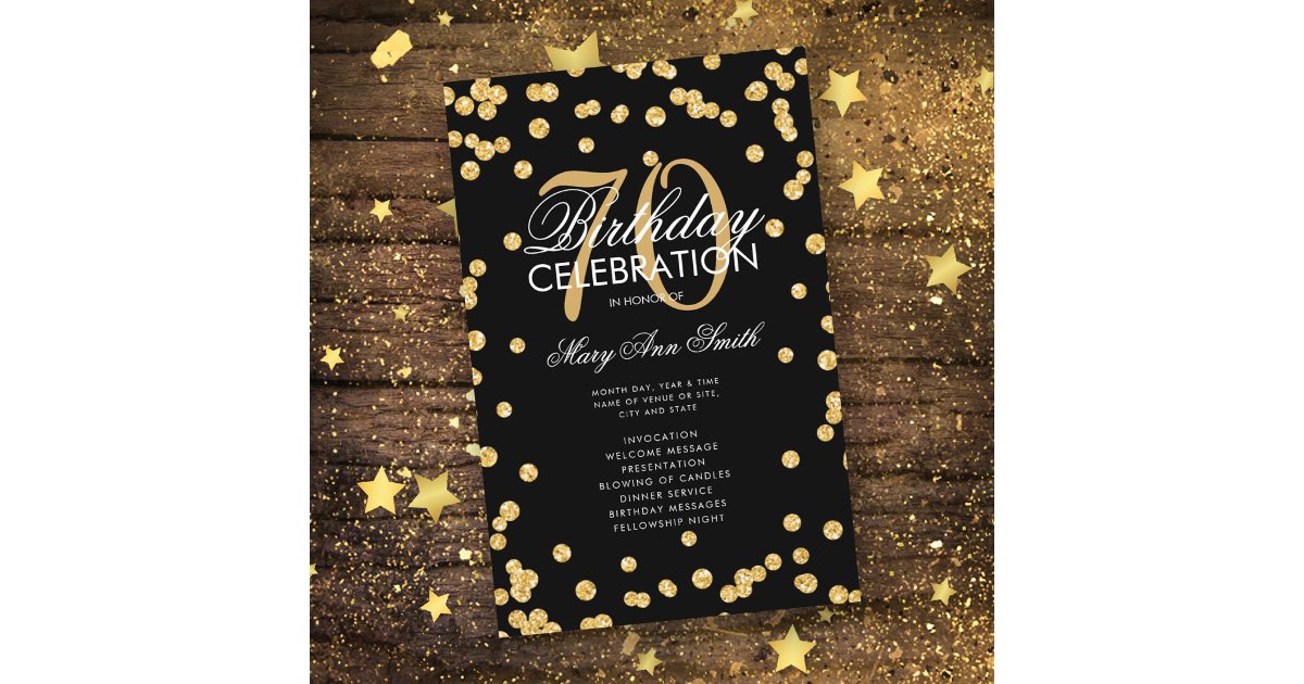 70th Birthday Party Program Gold Glitter w/ Menu | Zazzle