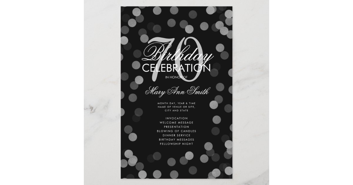 70th Birthday Party Program Silver Confetti Menu | Zazzle