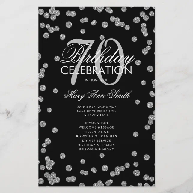 70th Birthday Party Program Silver Glitter w/ Menu Flyer | Zazzle