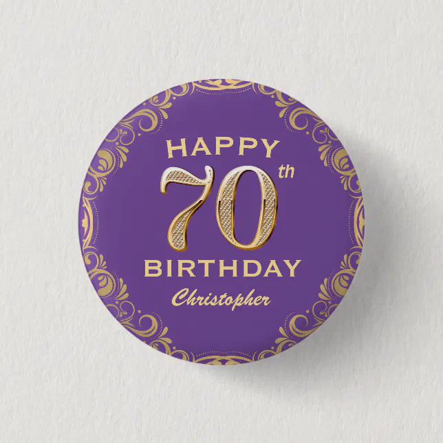 70th Birthday Party Purple and Gold Glitter Frame Button | Zazzle