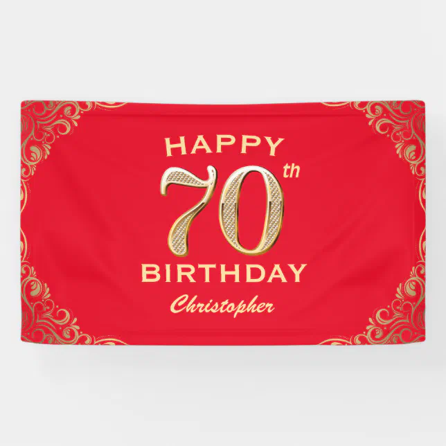 70th Birthday Party Red and Gold Glitter Frame Banner | Zazzle