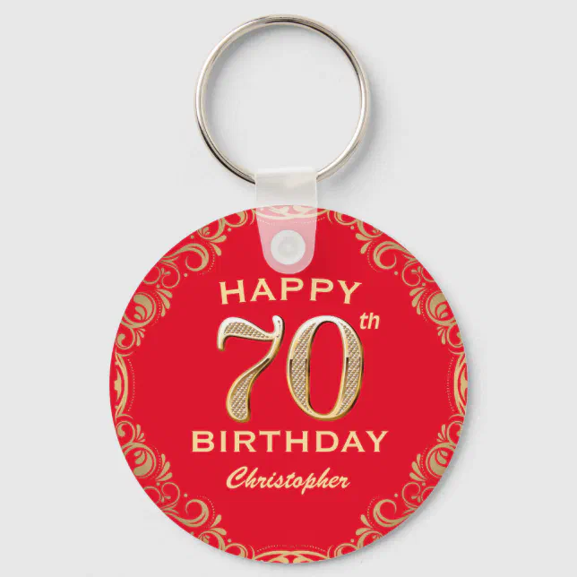 70th Birthday Party Red and Gold Glitter Frame Keychain | Zazzle