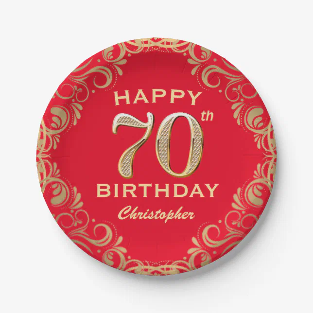 70th Birthday Party Red and Gold Glitter Frame Paper Plates | Zazzle