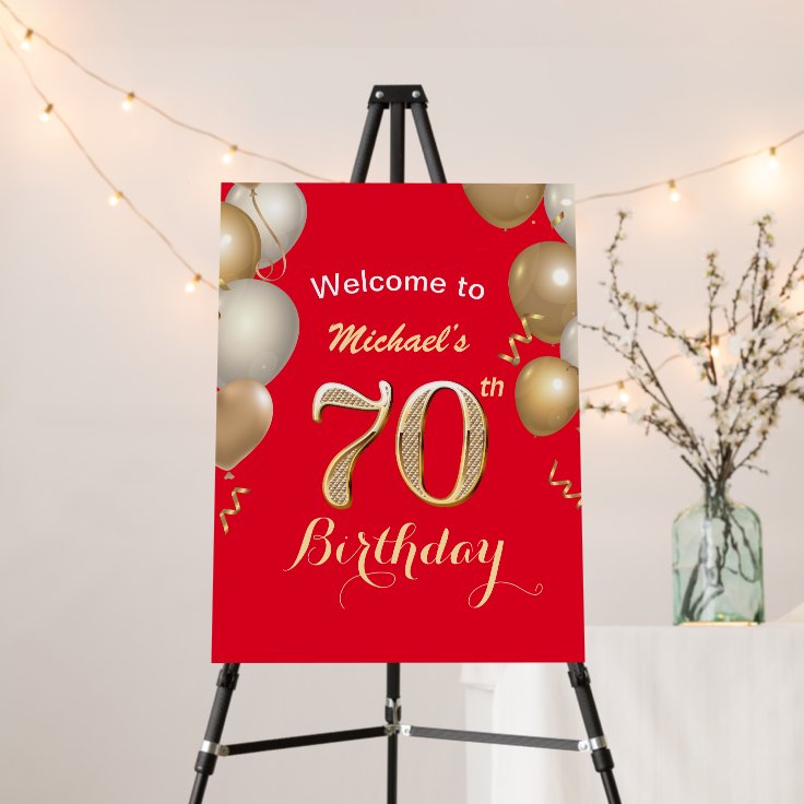 70th Birthday Party Red and Gold Welcome Sign | Zazzle