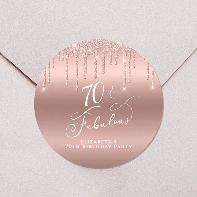 70th Birthday Party Rose Gold Glitter Classic Round Sticker | Zazzle