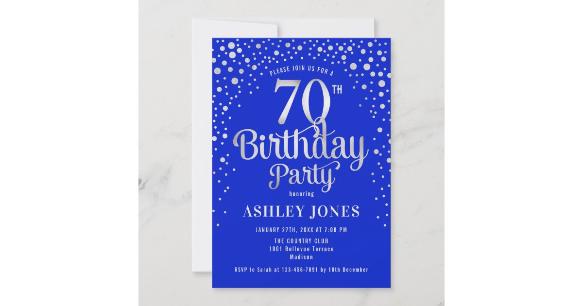 70th Birthday Party - Royal Blue & Silver Invitation | Zazzle