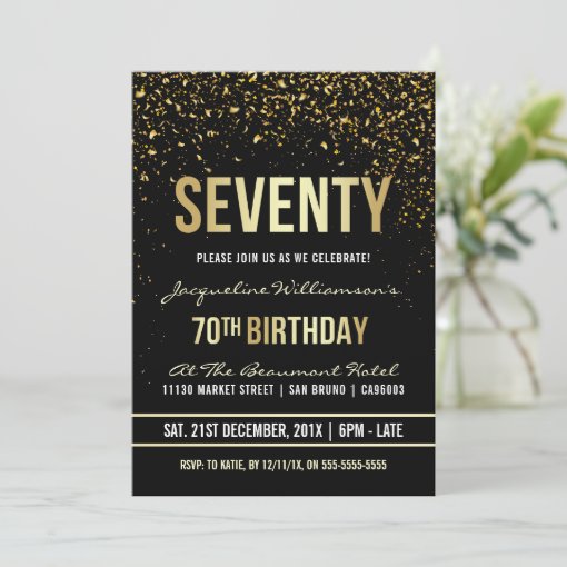 70th Birthday Party | Shimmering Gold Confetti Invitation | Zazzle