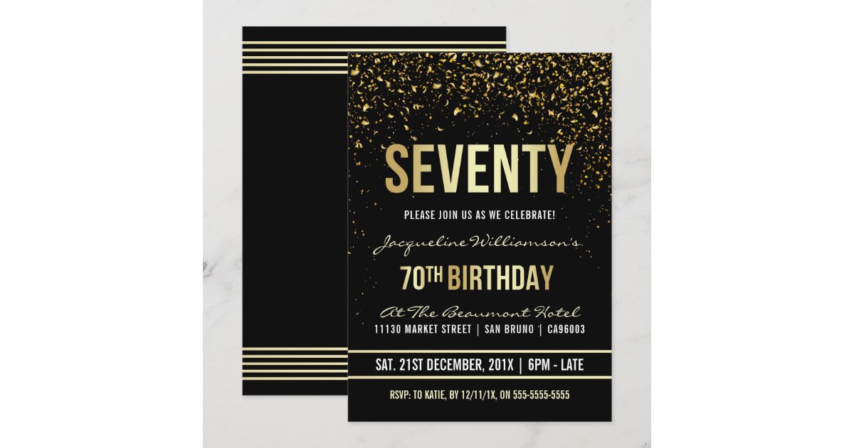 70th Birthday Party | Shimmering Gold Confetti Invitation | Zazzle