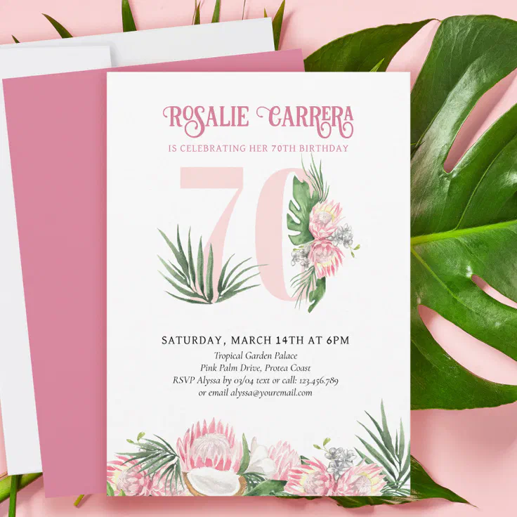70th Birthday Party Tropical Pink Protea Number 70 Invitation | Zazzle