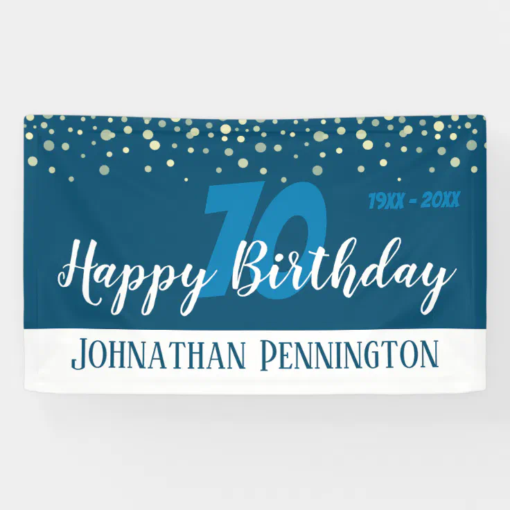 70th Birthday Party with Confetti Blue Banner | Zazzle