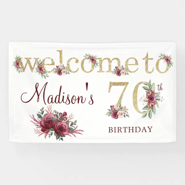 70th Birthday Personalized Burgundy Gold Banner | Zazzle