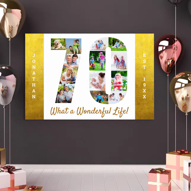 70th Birthday Photo Collage with Gold Borders Poster | Zazzle