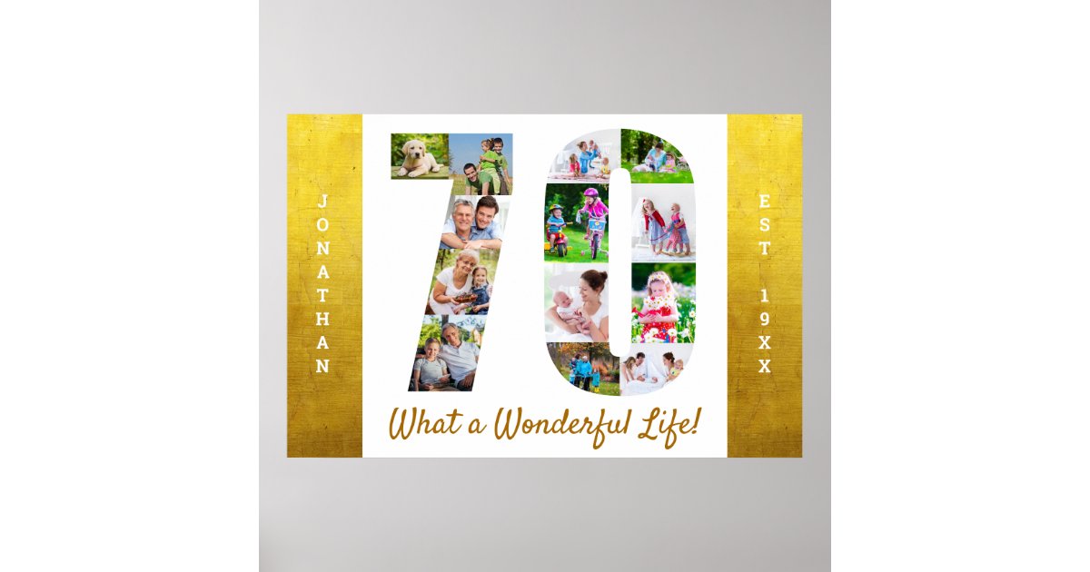 70th Birthday Photo Collage with Gold Borders Poster | Zazzle