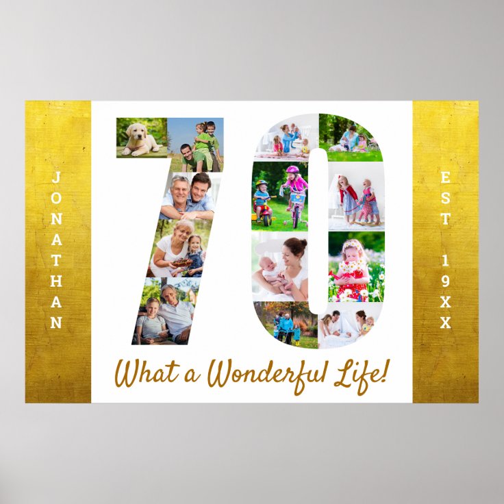 70th Birthday Photo Collage with Gold Borders Poster | Zazzle