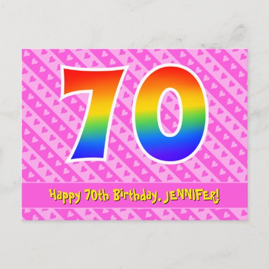 70th Birthday: Pink Stripes & Hearts, Rainbow 70 Postcard | Zazzle.com