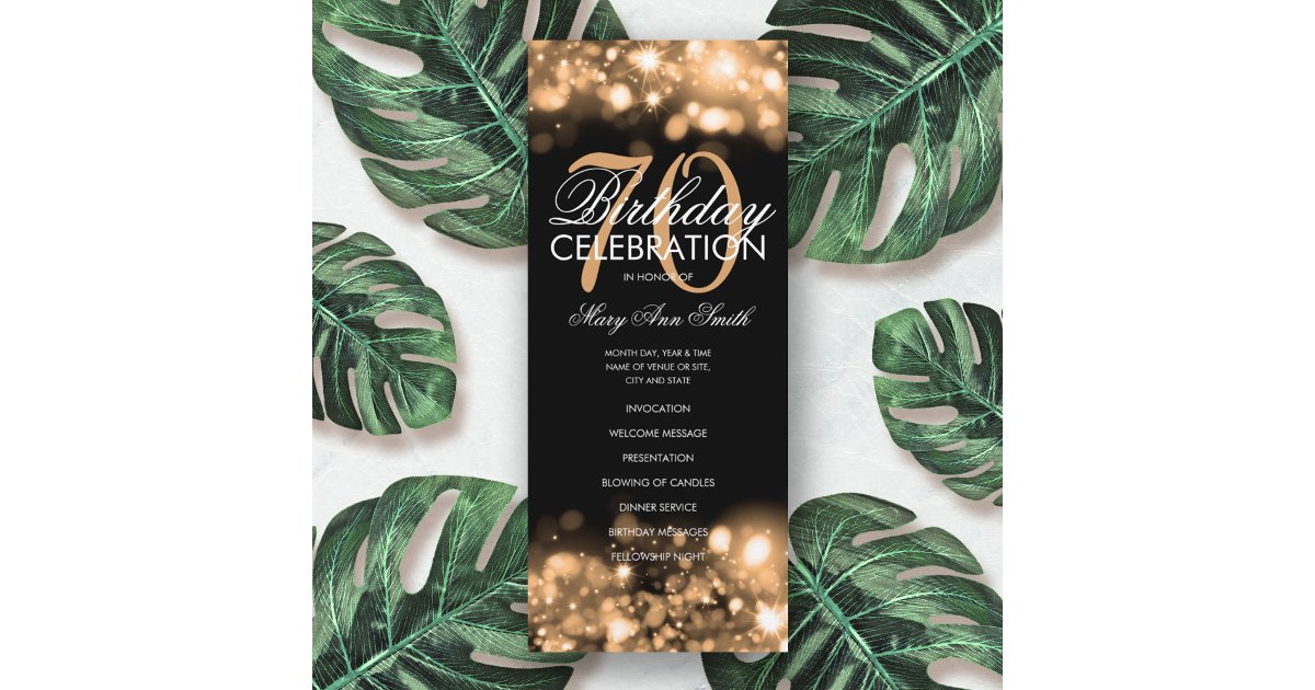 70th Birthday Program Glam Lights Gold w/ Menu | Zazzle