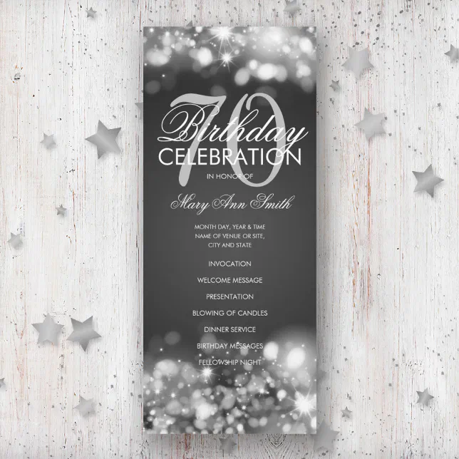 70th Birthday Program Glam Lights Silver Menu | Zazzle