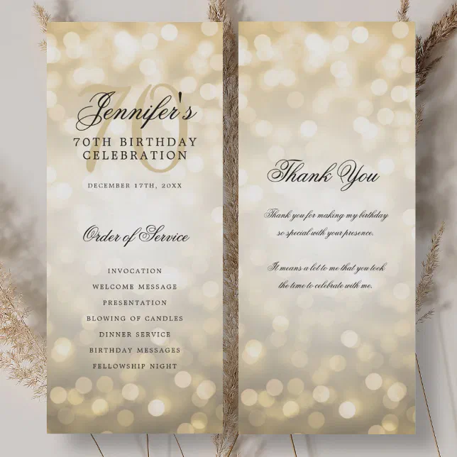 70th Birthday Program Gold Bokeh w/ Thank You | Zazzle