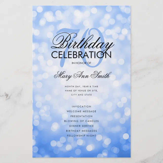 70th Birthday Program Lights Navy w/ Menu Flyer | Zazzle