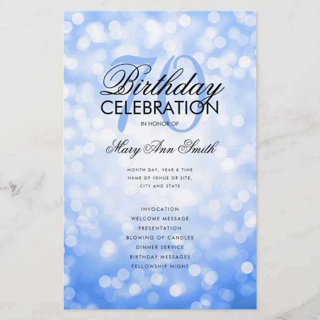 70th Birthday Program Lights Navy w/ Menu Flyer | Zazzle