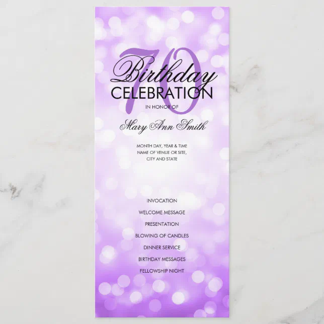 70th Birthday Program Lights Purple Menu | Zazzle